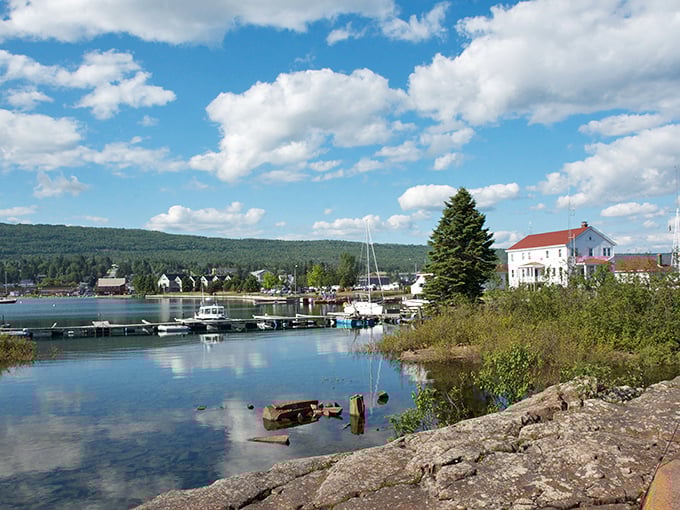 Grand Marais harbor sparkles like a jewel set between Lake Superior's vastness and the cozy embrace of this artistic northern town.