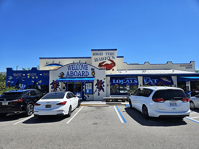 High Tide Harry's stands proud against Florida's blue sky. This seafood sanctuary looks like it was plucked straight from a fishing village.
