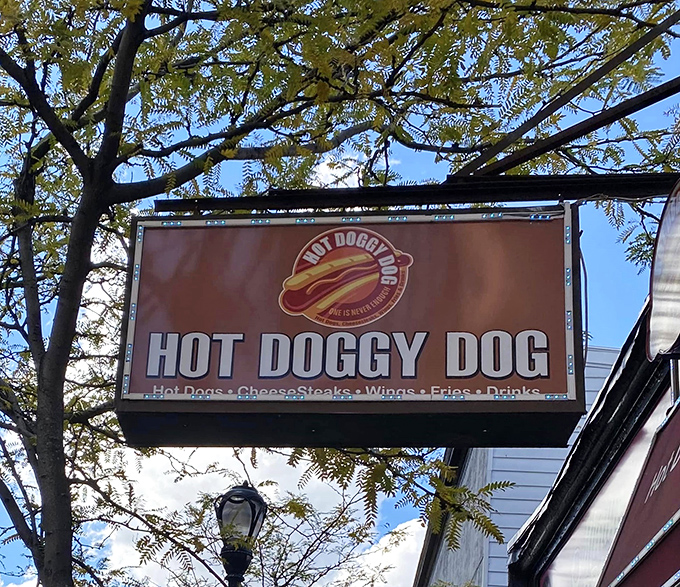 The sign says it all&mdash;Hot Doggy Dog delivers exactly what it promises. No fancy frills, just delicious dogs waiting to make your day.