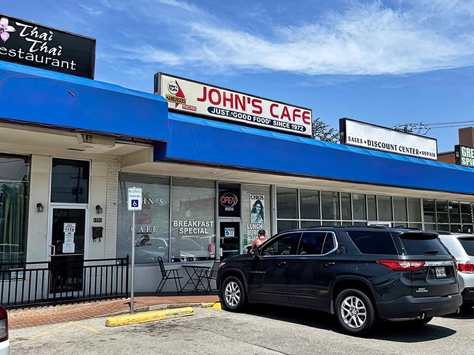 The unassuming storefront of John's Cafe hides breakfast magic within. Sometimes the best treasures come in simple packages!
