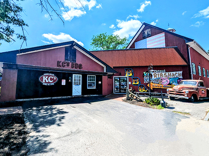 When a BBQ joint with rustic charm decides to do hot dogs, magic happens. KC's weathered exterior promises authentic flavor within.
