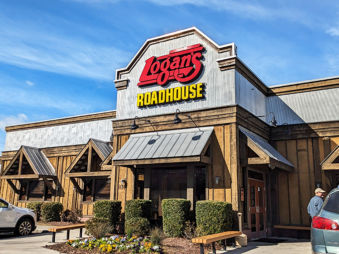 The rustic wooden exterior of Logan's Roadhouse is like a beacon for steak lovers cruising Myrtle Beach.