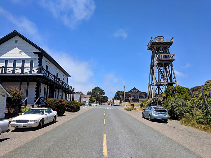 The old water tower stands as Mendocino's unofficial greeter, a reminder of simpler times when this logging town first fell in love with the sea.