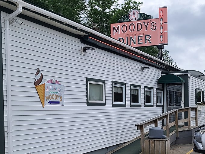 The ice cream cone sign promises sweet treats, but it's the savory classics inside that have kept Moody's legendary for generations.