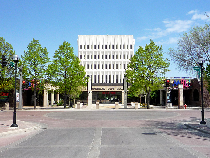 Moorhead's city hall stands tall against Minnesota's big blue skies. Government buildings rarely look this inviting!