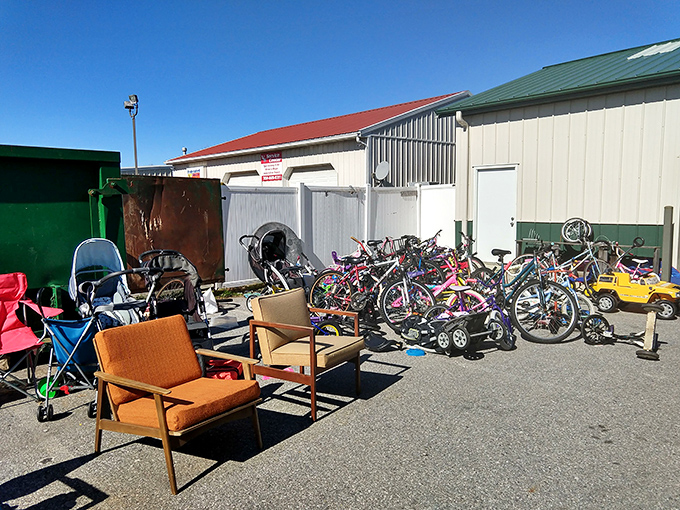 Bicycles and furniture bask in the sunshine, ready for their next adventure with you.