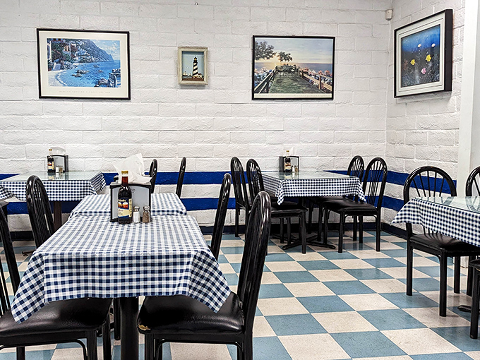 Classic blue and white checkered tablecloths set the stage for seafood perfection. Like dining in your grandmother's kitchen—if she were a master fish fryer.