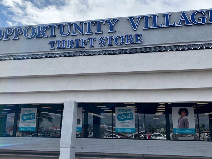 Discount days that would make even Vegas odds look stingy! Opportunity Village's blue signage announces senior savings that'll have grandma hitting the jackpot.