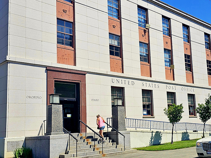 Orofino's post office stands proud as granite, proving some institutions still believe in solid craftsmanship and permanence.