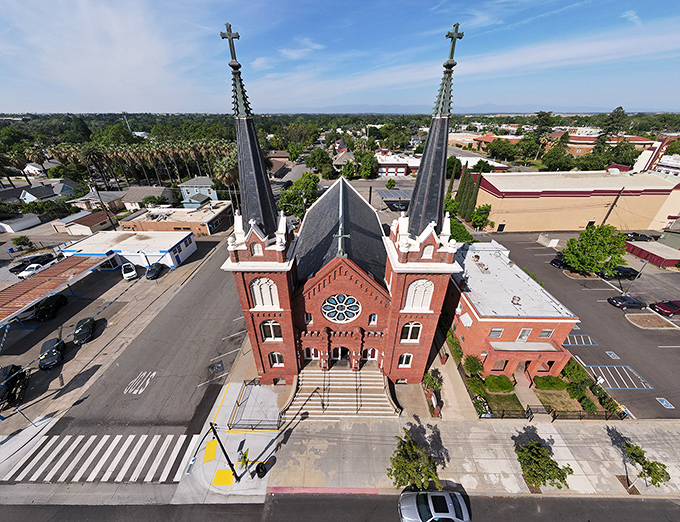 The heart of Red Bluff features a beautiful church spire reaching toward blue skies. Small-town living with spiritual connections.