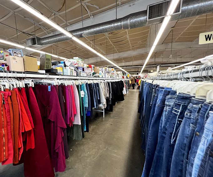 Rows upon rows of color-coded clothing&mdash;like a rainbow made of other people's fashion choices. Thrifting heaven!
