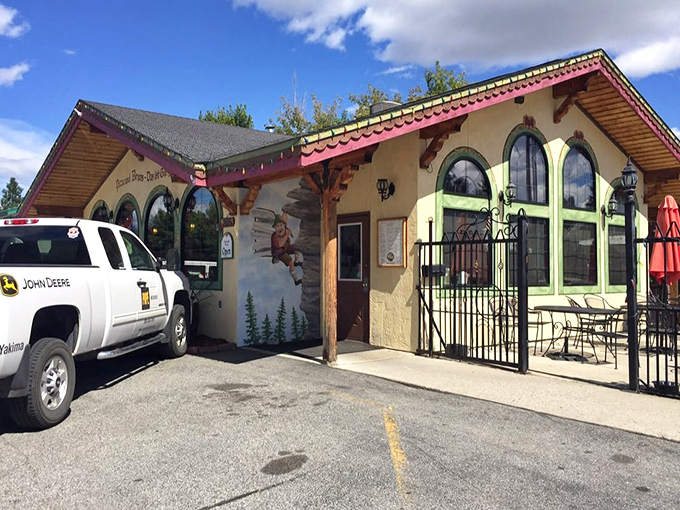 This storybook setting at Rudloof's makes every pizza feel like it comes with a side of mountain magic.