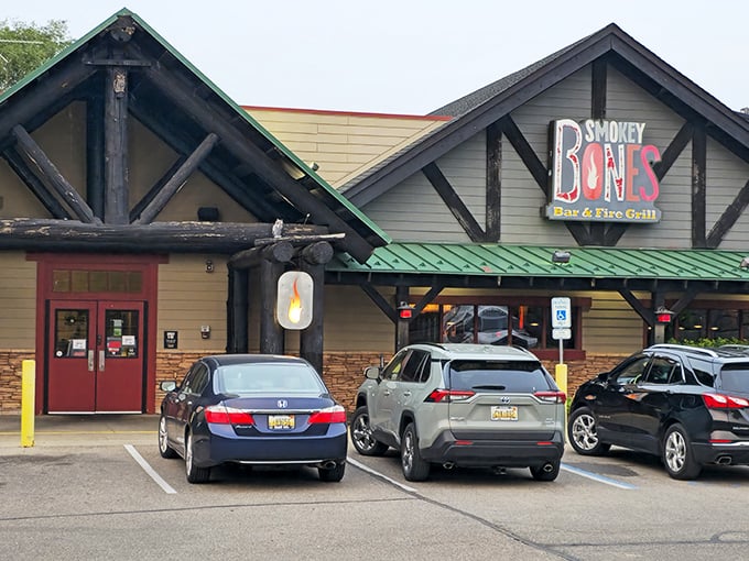 The rustic charm of Smokey Bones stands ready for hungry visitors &ndash; that wooden entrance has welcomed thousands of empty stomachs.