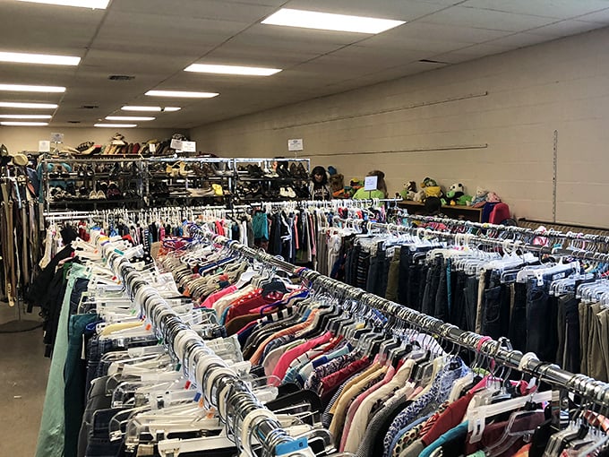Rows upon rows of carefully organized clothing&mdash;like a rainbow of possibilities for budget-conscious shoppers.
