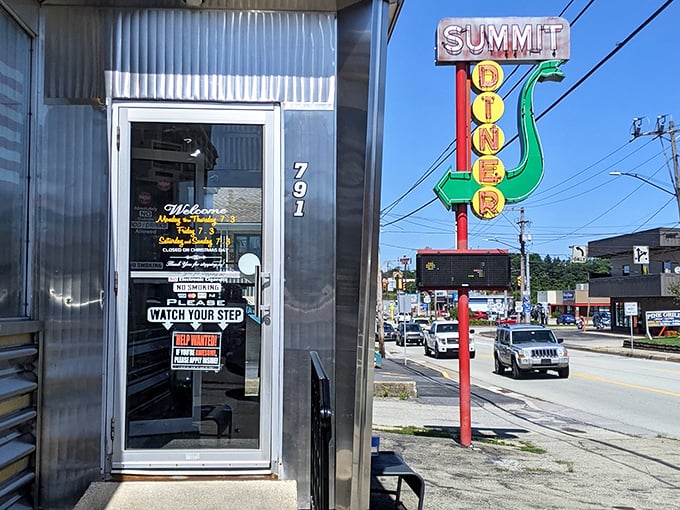 Classic neon signs and stainless steel shine like a time machine parked right on the Pennsylvania roadside.