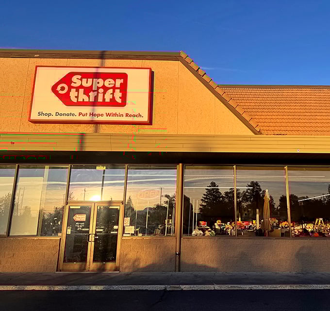 Sunlight warms the storefront of SuperThrift Bend where treasures wait to be discovered and every purchase helps support the local community.