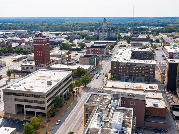 The stunning panorama of Terre Haute showcases its historic downtown, where Midwest practicality meets unexpected grandeur.
