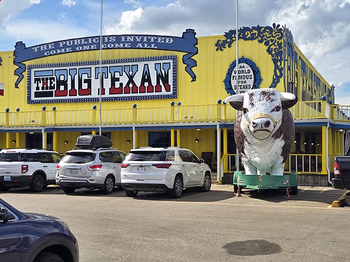 That giant cow and bright yellow building promise exactly what they deliver: big Texas fun and bigger steaks.