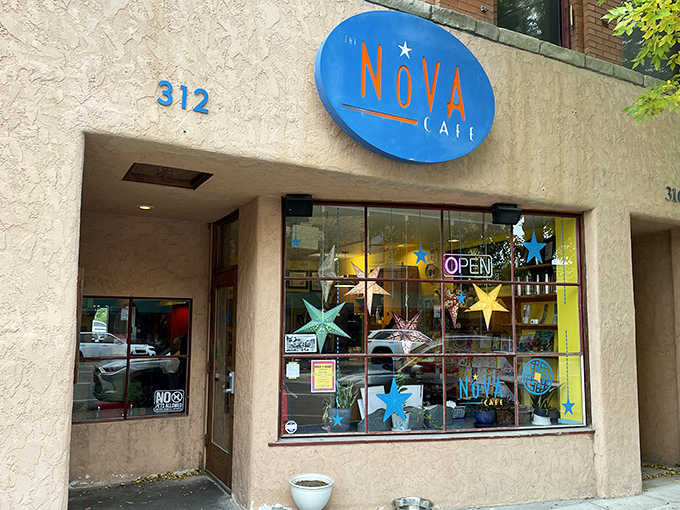 Nova's warm beige exterior and bright blue sign create the perfect downtown storefront for Bozeman's breakfast aficionados.