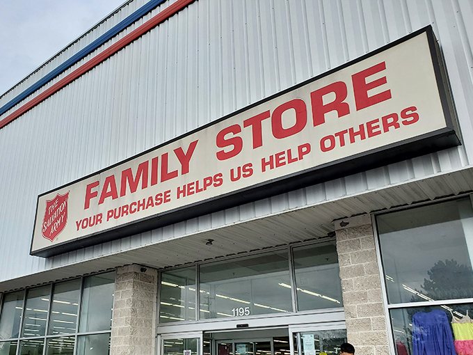 This Salvation Army location shines bright against the blue sky, a beacon for bargain hunters with big hearts.