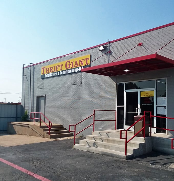 Red trim and endless possibilities—Thrift Giant isn't messing around. The Fort Knox of secondhand treasures awaits inside.