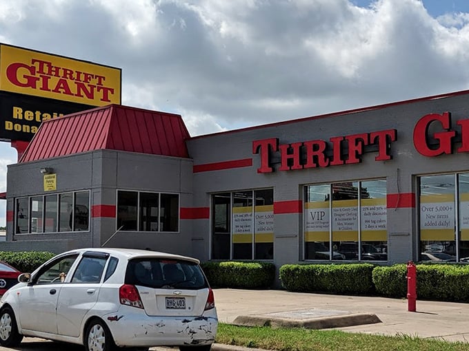 Even at dusk, Thrift Giant's red trim and bright signage beckon to savvy shoppers seeking deals.