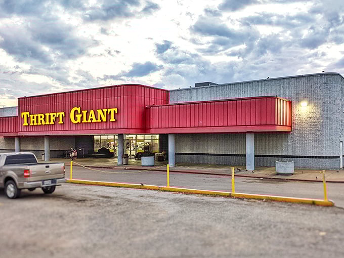 Red lettering against clean brick says "serious business" - the serious business of incredible secondhand deals.