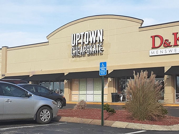 The clean lines of Uptown Cheapskate's storefront promise a thrifting experience that feels more boutique than bargain bin.