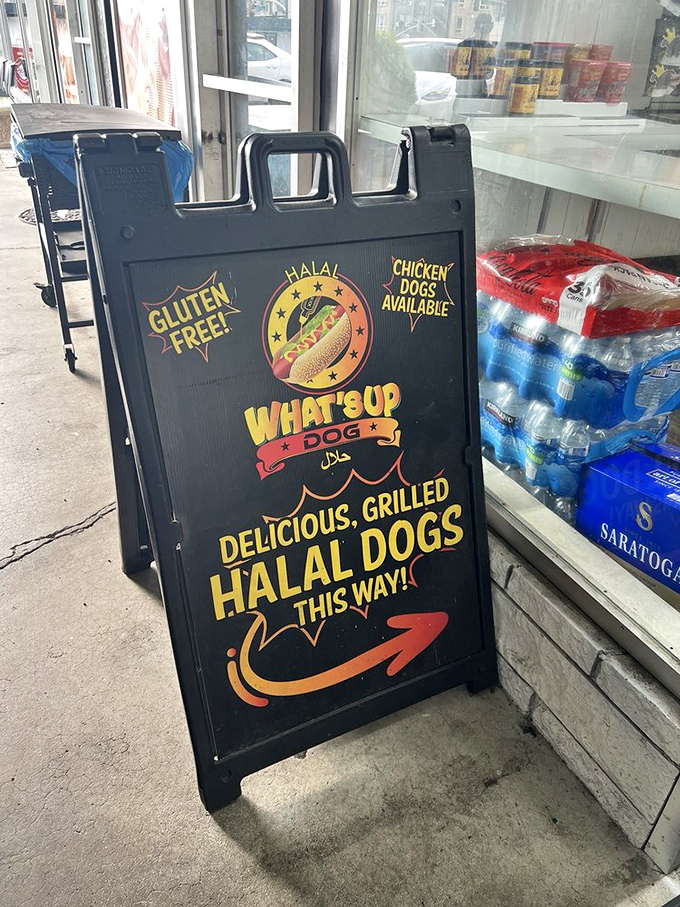 "Halal Dogs This Way!" – the sidewalk sign at What'sup Dog points you toward inclusive comfort food done right.