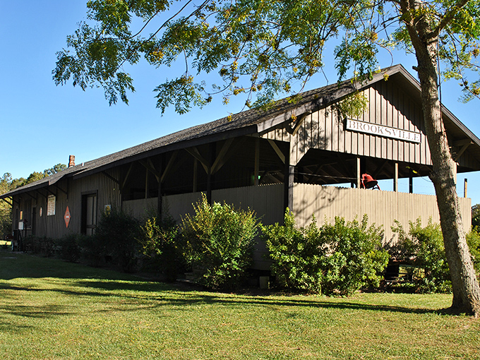 The restored 1885 Train Depot stands as a testament to Brooksville's railroad history, now serving as a gathering place for community events. 