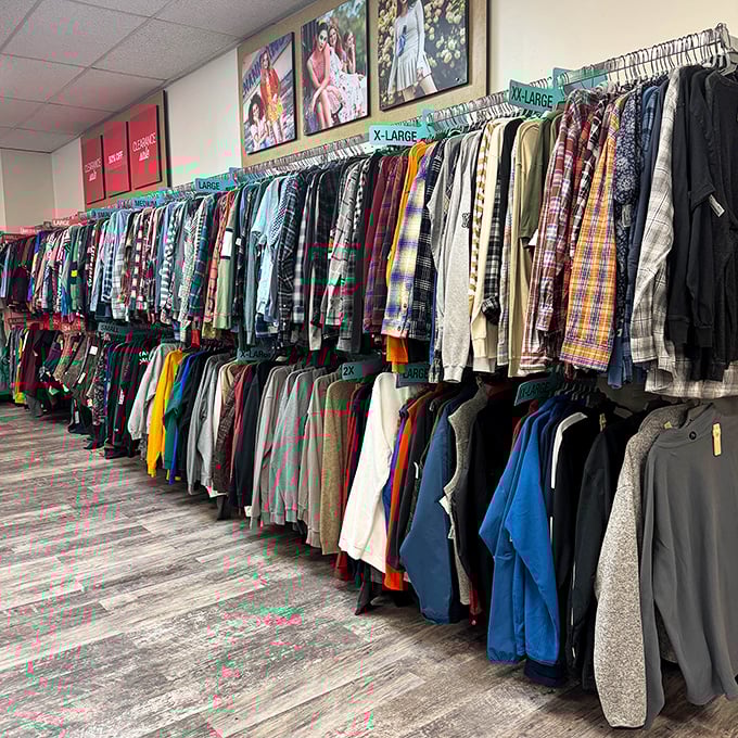 Racks stretch endlessly like a rainbow of possibilities, each hanger holding someone's next favorite outfit.