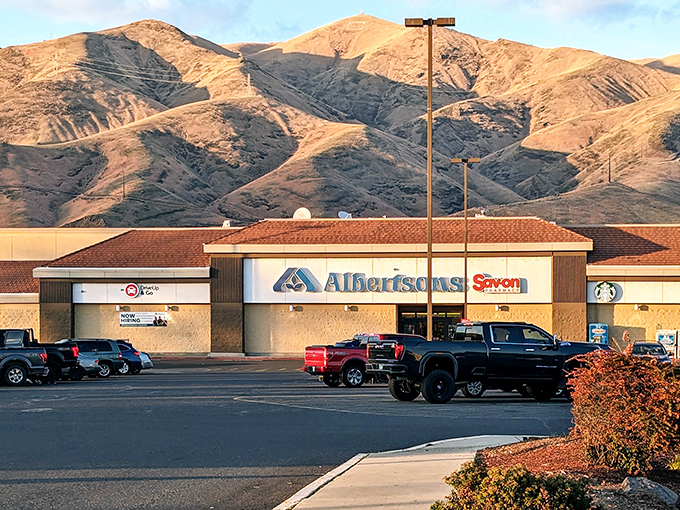 Even grocery shopping gets a dramatic backdrop when the Albertsons sits beneath those golden rolling hills.