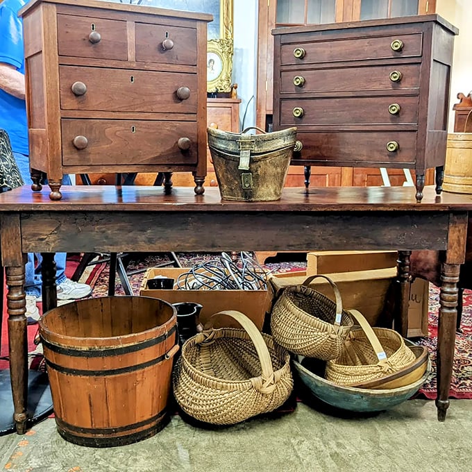 Antique chests of drawers that have witnessed a century of secrets, paired with handwoven baskets that carried yesterday's groceries.