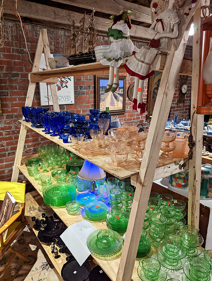 Depression glass heaven &ndash; these colorful shelves showcase why our grandparents' tableware puts our IKEA collections to shame.