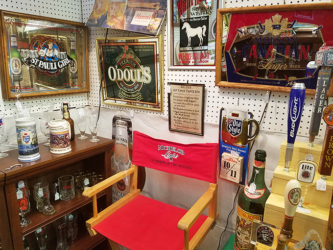 Beer signs and director's chairs—the man cave section that proves one person's "junk" is another's perfect conversation piece for Saturday gatherings.
