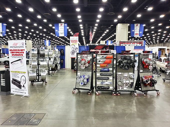 Not just parts—automotive history on display. Car enthusiasts circle these booths like sharks who've spotted something shiny.