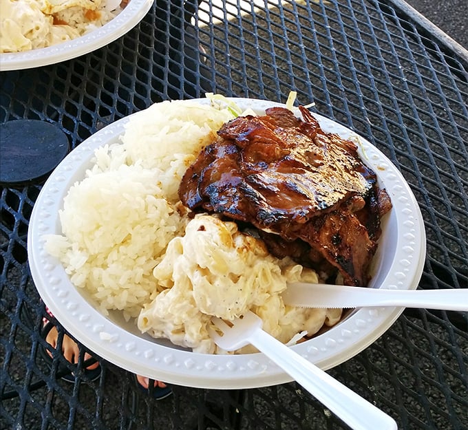 The legendary BBQ pork plate &ndash; two scoops rice, mac salad, and meat that makes you question all other BBQ experiences.