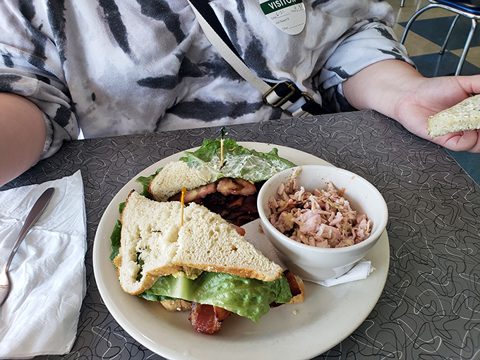 This isn't just a sandwich; it's architecture with mayo. Crisp triangles of possibility with a side of slaw that's clearly not an afterthought.