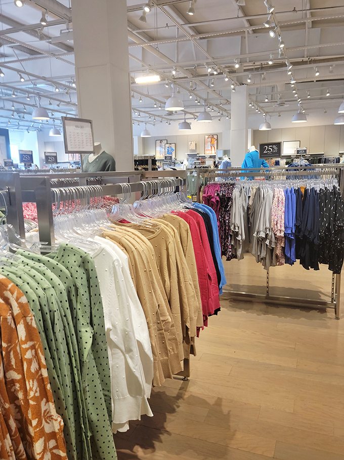 Retail therapy at its finest. Neatly arranged rainbow racks promise wardrobe refreshment without the usual financial hangover.