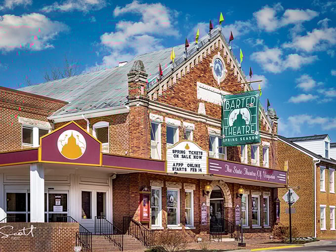 Barter Theatre's façade is like stepping into a Norman Rockwell painting that somehow screens indie films. Those colorful flags seem to wave "come in, the show's about to start!"