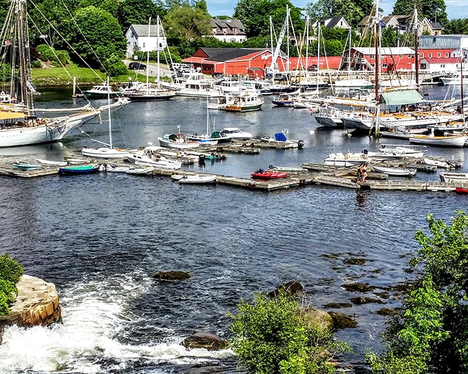 Where rushing water meets the harbor's calm. This waterfall-to-sailboat pipeline is Camden's version of nature's perfect handoff.