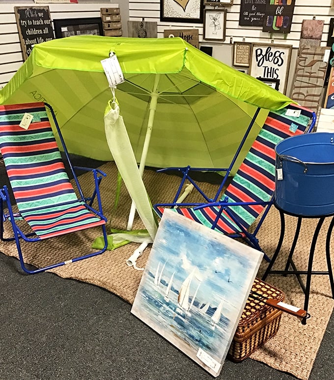 Summer dreams on a budget&mdash;beach chairs and umbrellas waiting to transform your backyard into a personal resort.