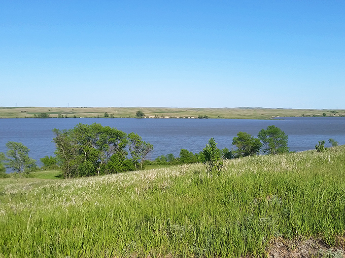 Where prairie meets water in a landscape so serene it feels like Mother Nature's personal meditation app.