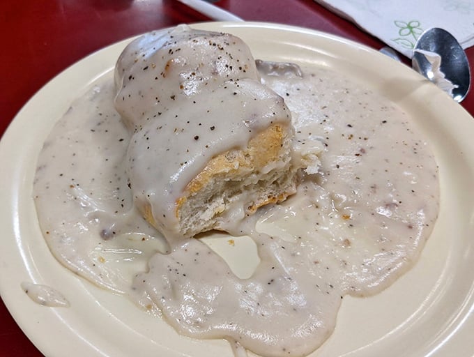 Behold the star attraction: a fluffy biscuit swimming in peppery sausage gravy. Poetry on a plate, comfort in every bite.