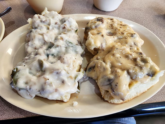 Behold the star attraction: biscuits drowning in a sea of peppery, sausage-studded gravy. Poetry on a plate, Oklahoma-style.