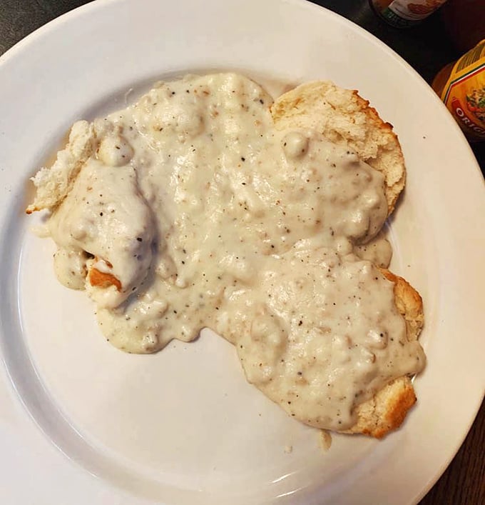 Behold, the star of our show! These biscuits and gravy aren't just a meal&mdash;they're what clouds would taste like if clouds were delicious.