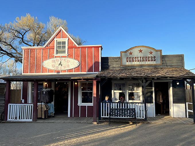 The Blazin' M Ranch and Gunslingers shops channel the Wild West spirit with their rustic wooden facades &ndash; cowboy kitsch at its most endearing.