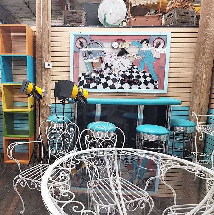 A retro diner setup complete with turquoise stools and vintage artwork &ndash; just add milkshake and suddenly you're living in an episode of Happy Days.