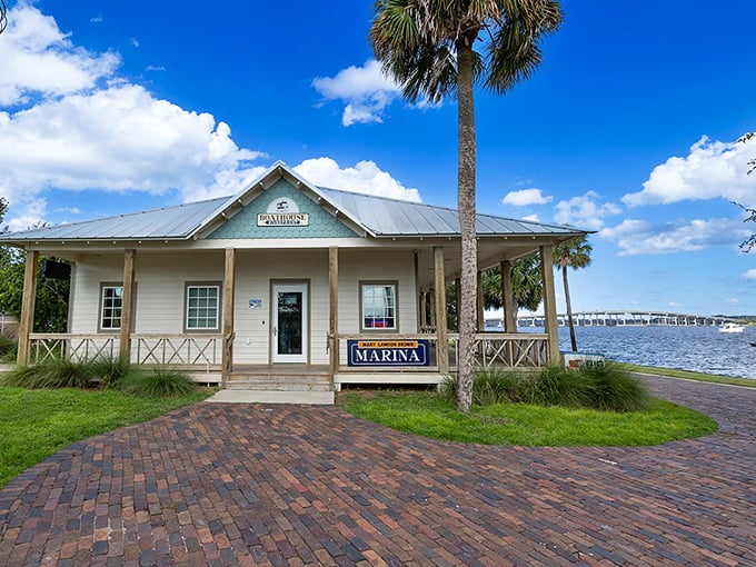 The marina building stands as Palatka's gateway to the St. Johns River, a cheerful ambassador between land and water adventures.