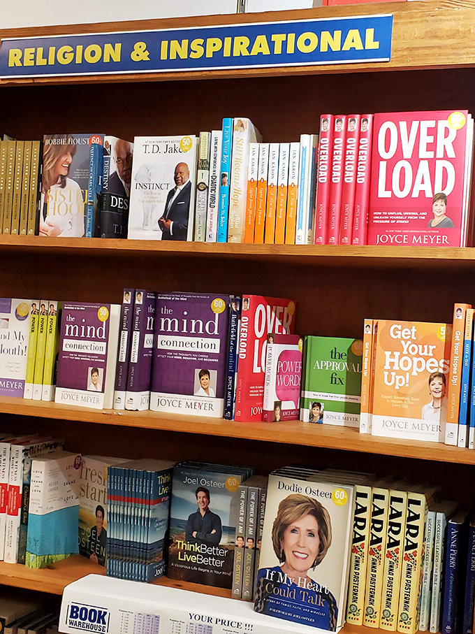The self-help section: where Joyce Meyer and Joel Osteen compete to solve your problems at 40% off retail enlightenment.